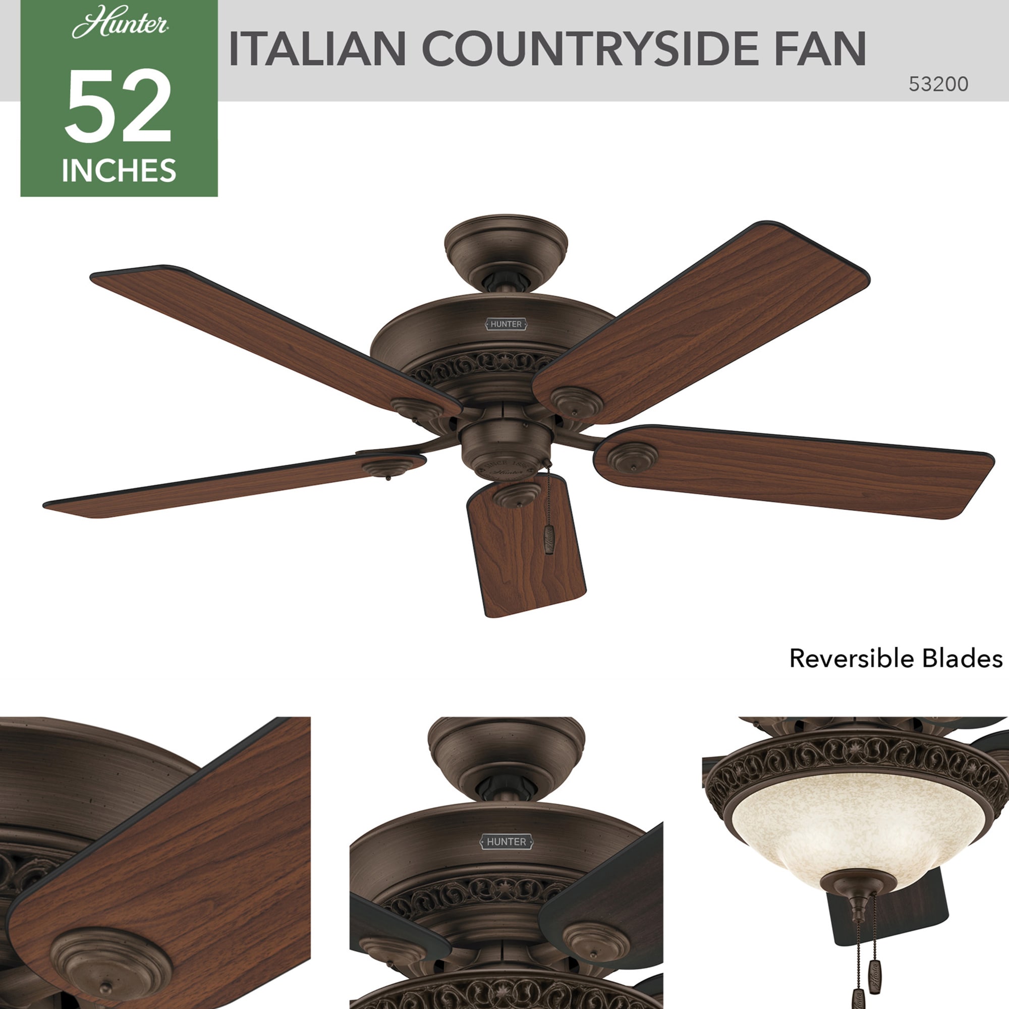 Hunter Italian Countryside 52 in. Ceiling Fan with LED Light Kit and ...