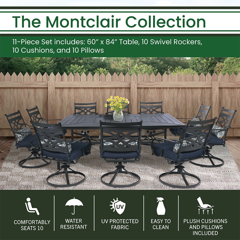 Hanover Montclair 11-Piece Dining Set in Navy Blue with 10 Swivel ...