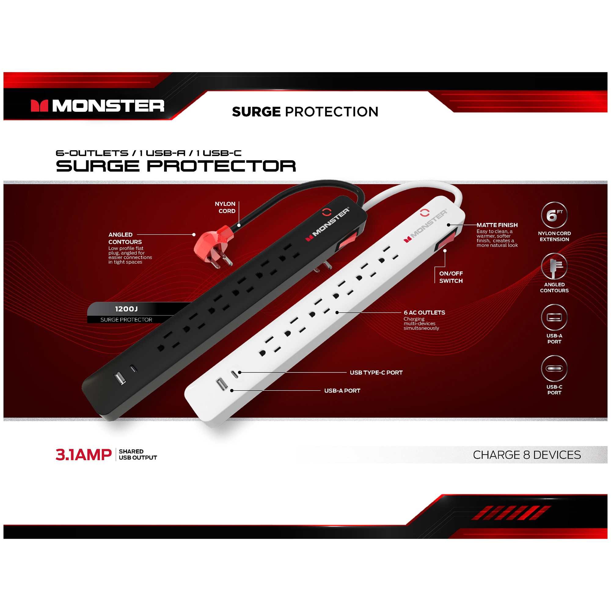 Monster Cable 6AC Grounded Outlet + 1 USB-A, 1 USB-C (WITH 20WPD)-1200J ...