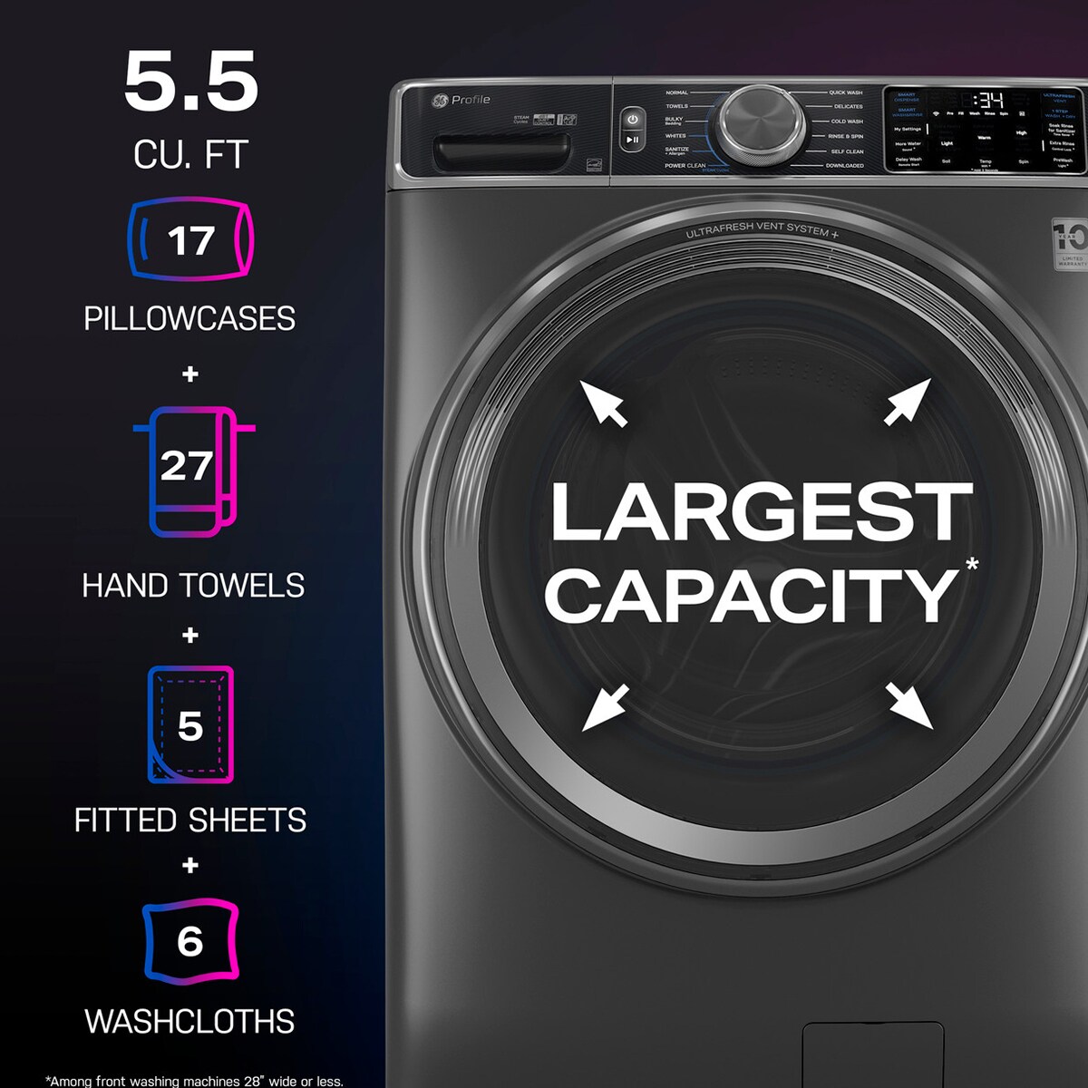 GE Profile 28 in. 5.5 cu. ft. Smart Stackable Front Load Washer with ...