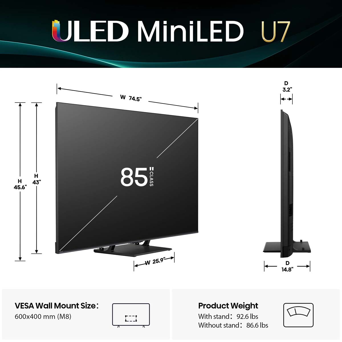 Hisense - 85" Class U7 Series ULED Mini-LED 4K UHD Smart Google TV | P.C. Richard & Son