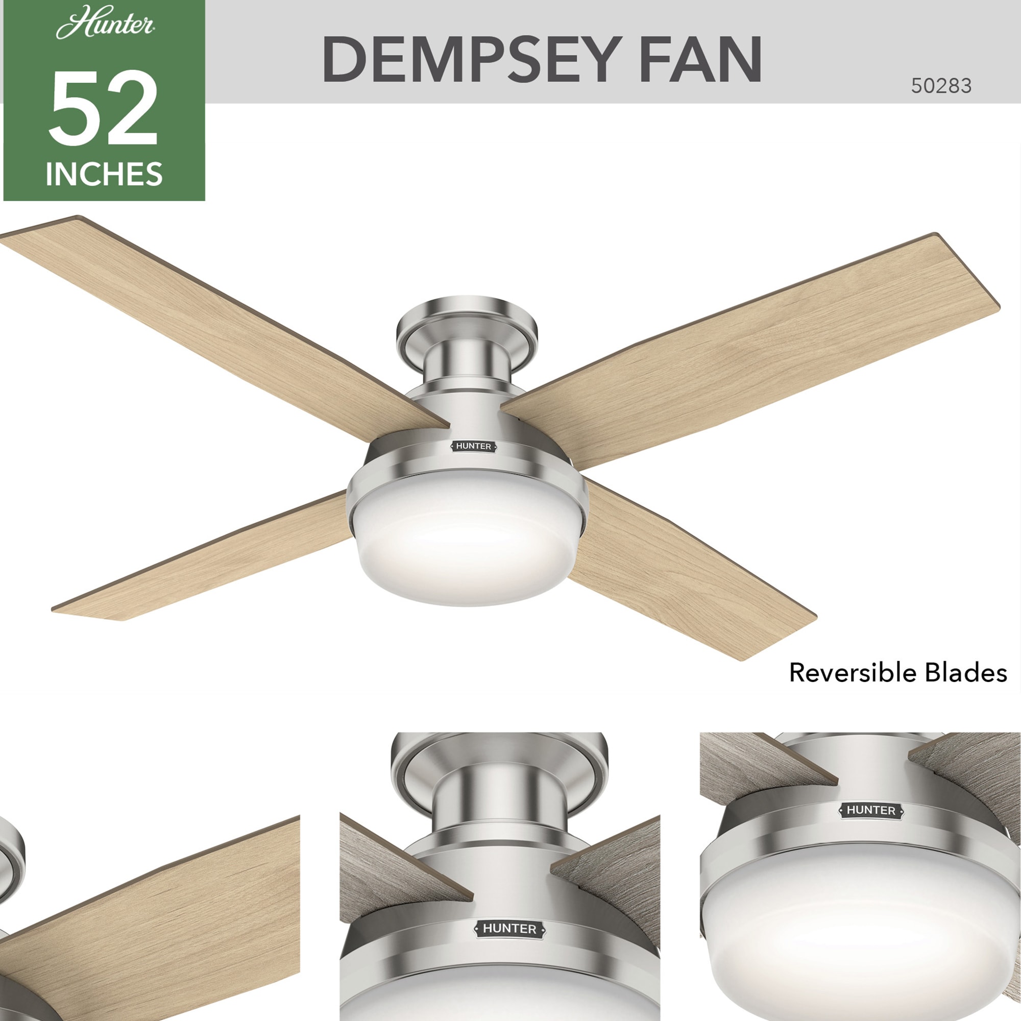 Hunter Dempsey 52 in. Low Profile Ceiling Fan with LED Light Kit and ...