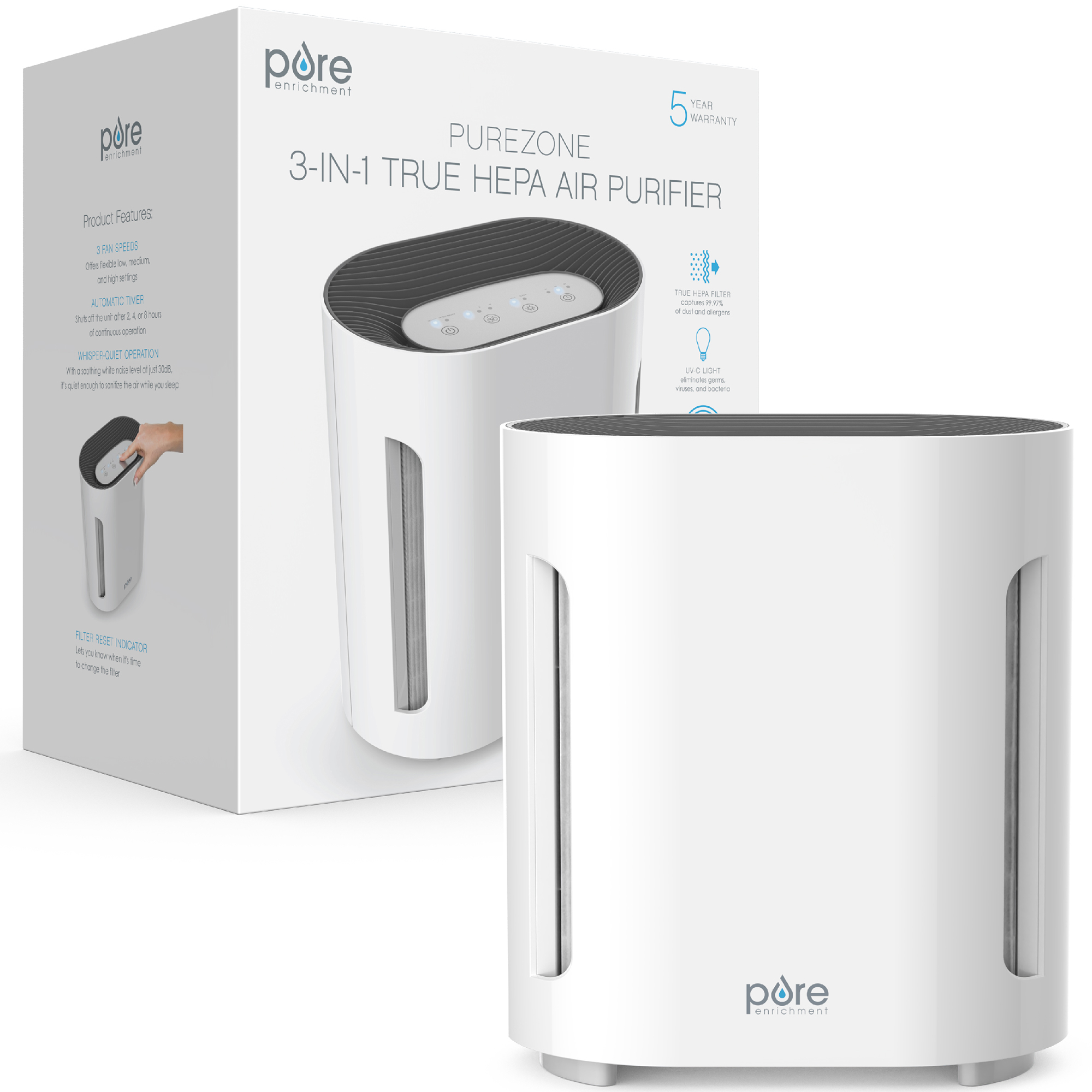 Pure Enrichment HEPA Air Purifier with 3 Stages of Filtration, 3 Fan ...